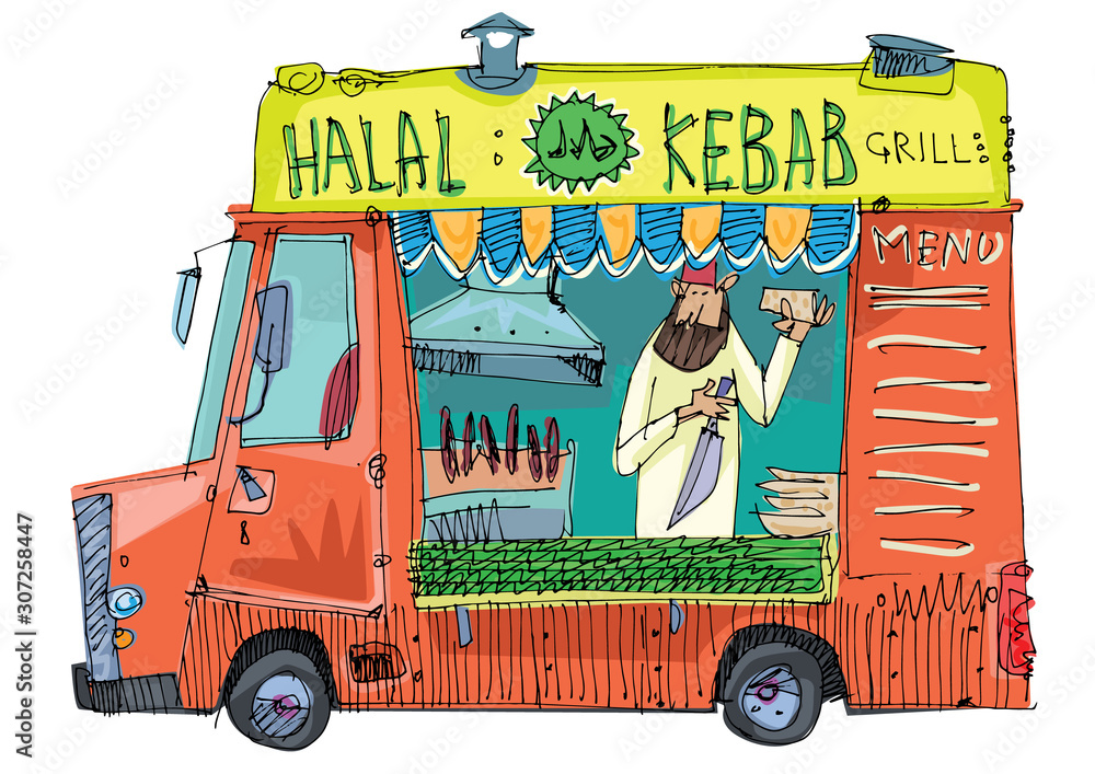 Cute halal food truck. Street food trailer with vendor inside. Eastern ...