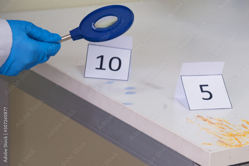Forensic technicians taking DNA sample from blood stain with cotton ...