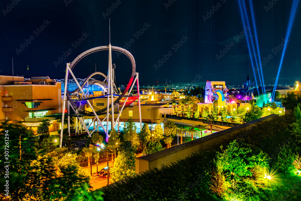 OSAKA, JAPAN - August 12, 2018. Night view of Universal Studios Japan ...