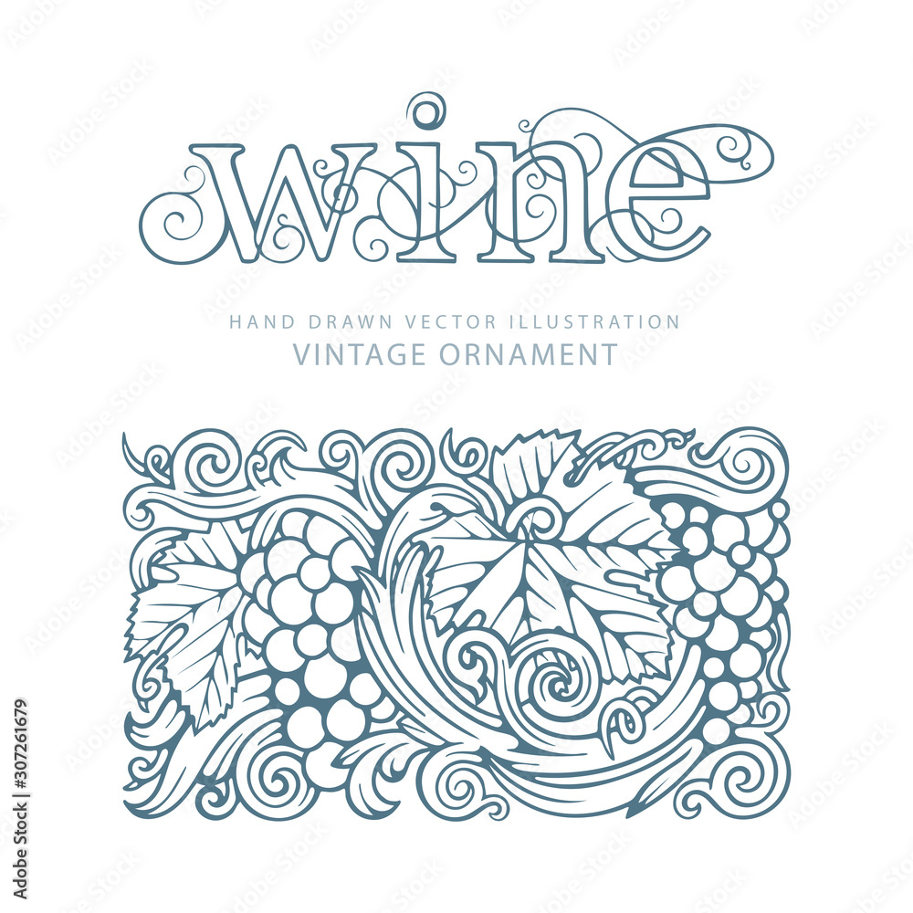 Grape and vine. Vector lettering Wine. Hand drawn grape and vine ...