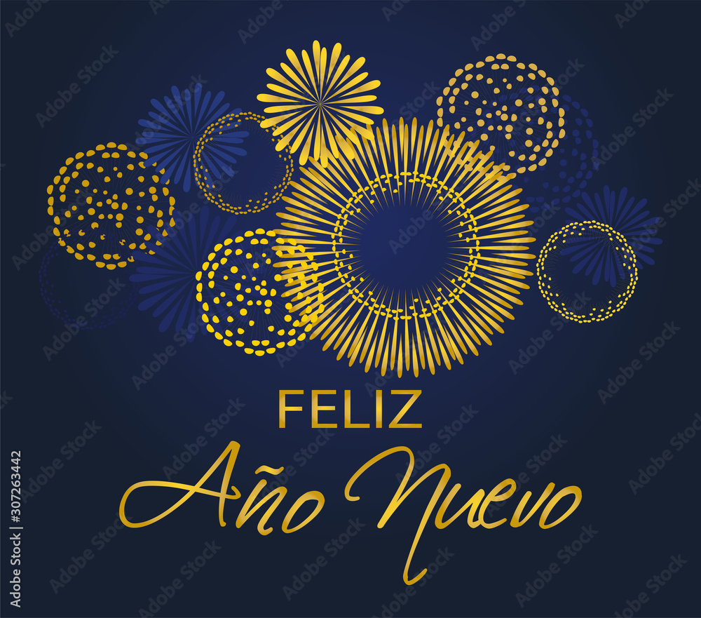 Happy New Year in Spanish. Feliz Ano Nuevo with fireworks greeting ...