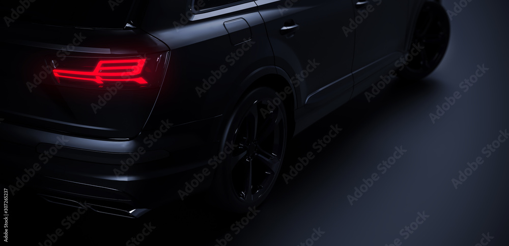 Back of the modern black car on dark background with rear lights on (3D ...