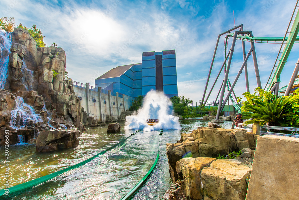 OSAKA, JAPAN - AUGUST 12, 2018. Photo of Jurassic park the ride ...