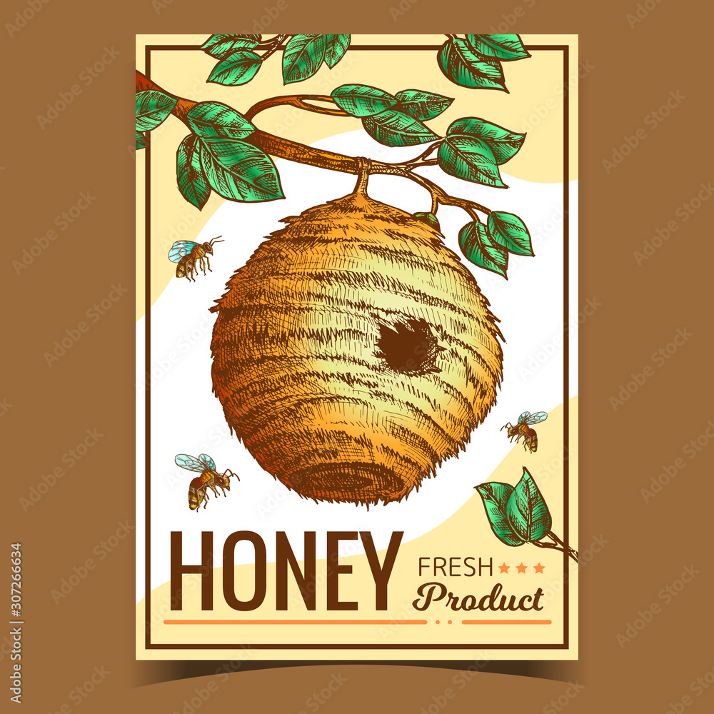 Beehive House Of Wild Bee On Branch Poster Vector. Organic Nature Wax ...