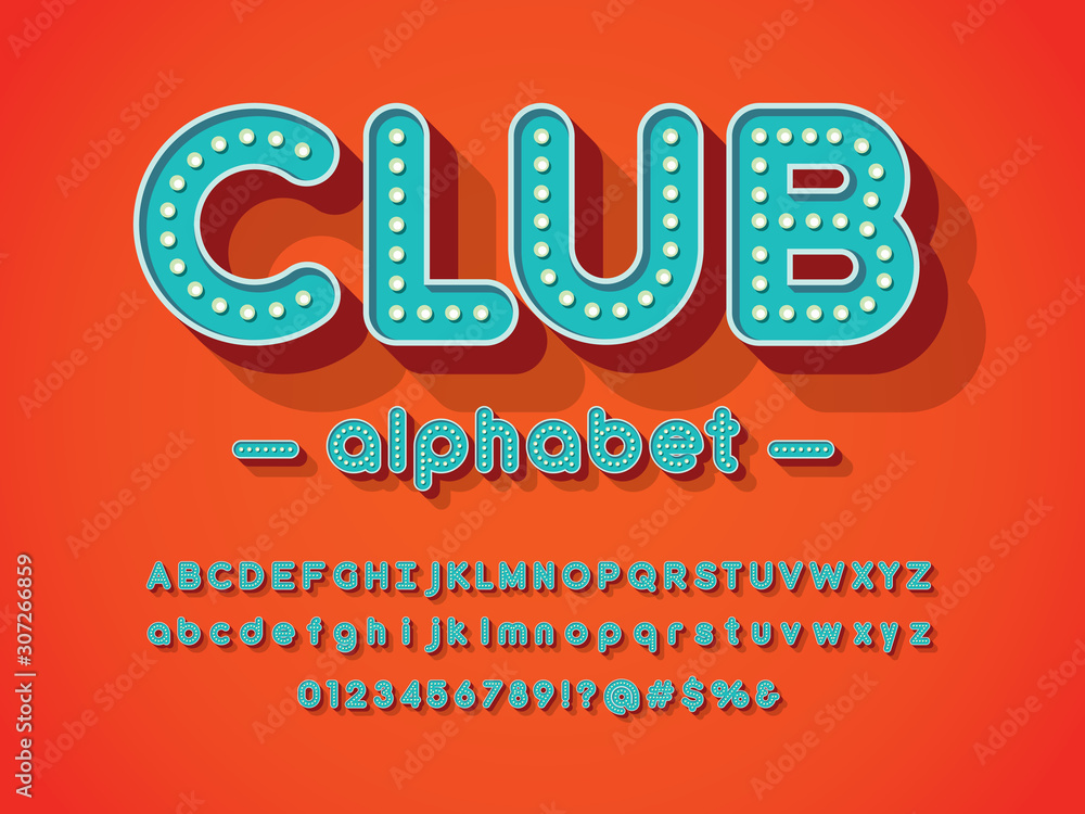 light bulb style alphabet design with uppercase, lowercase, numbers and ...