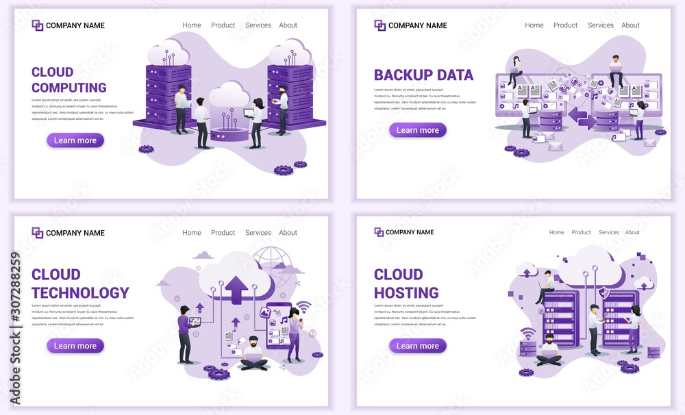 Set of web page design templates for backup data, cloud computing, data ...