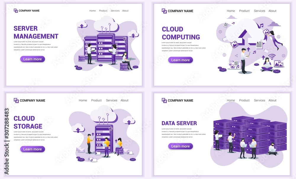 Set of web page design templates for cloud computing, cloud storage ...