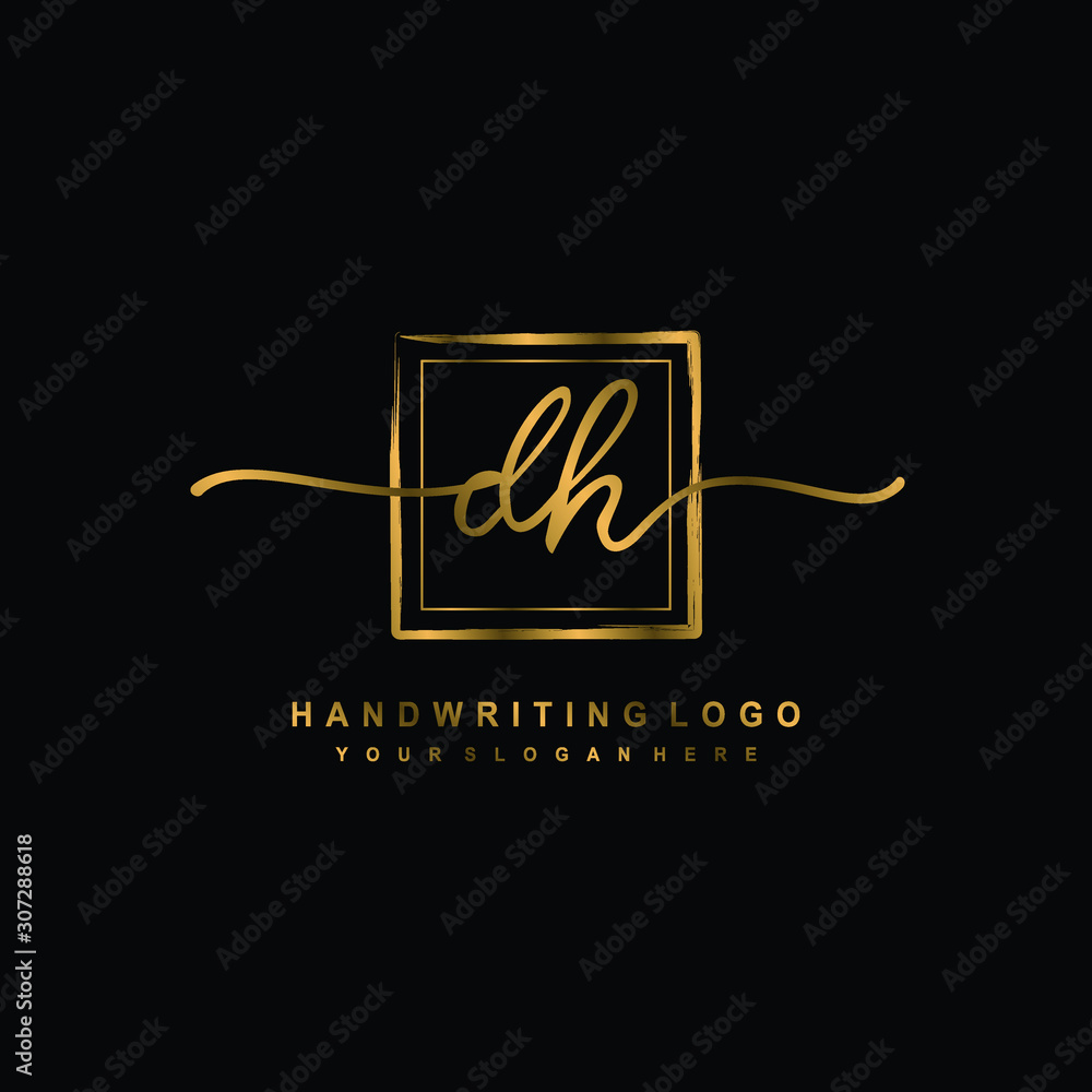 Initial D H handwriting logo design, with brush box lines gold color ...