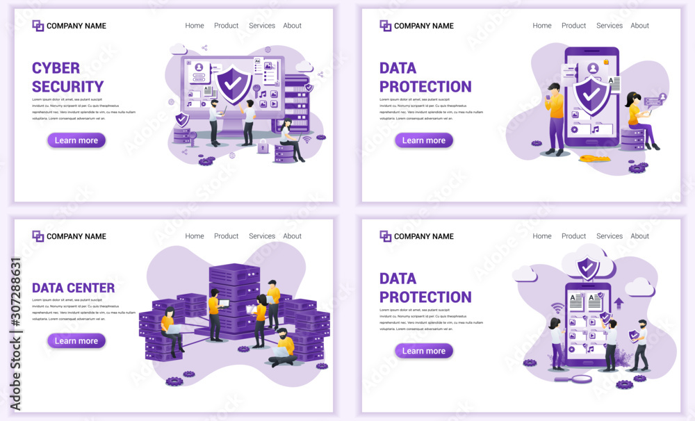 Set of web page design templates for cyber security, data center, data ...