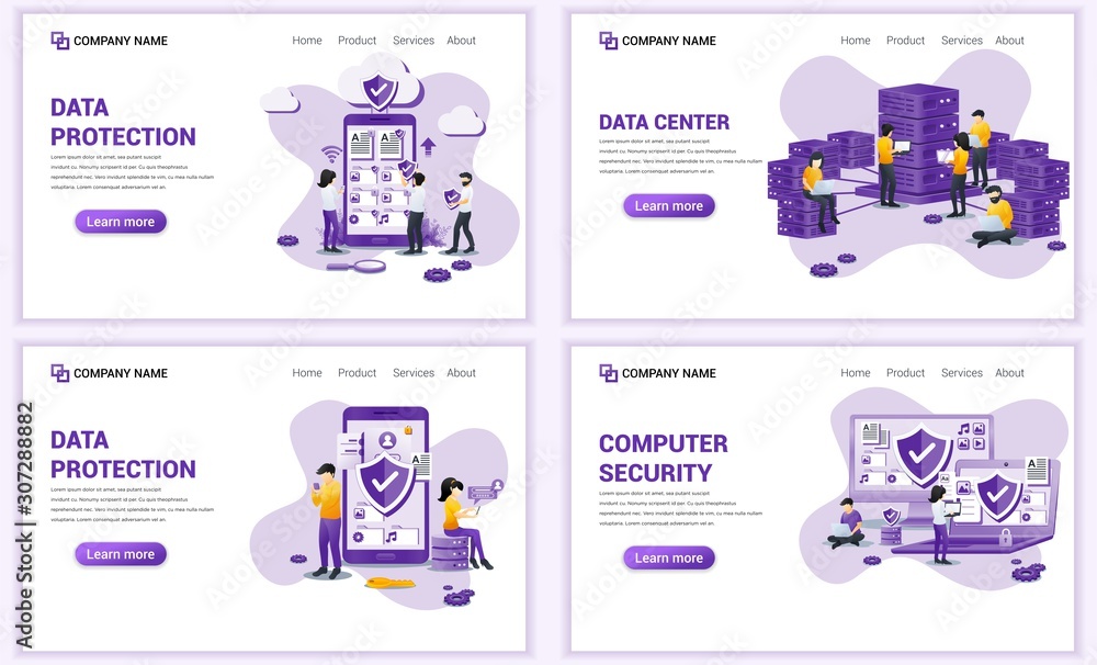 Set of web page design templates for data protection, computer security ...