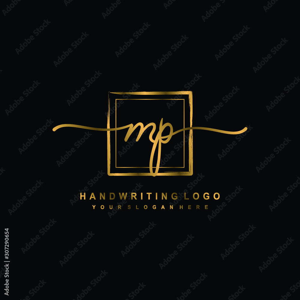 Initial M P handwriting logo design, with brush box lines gold color ...