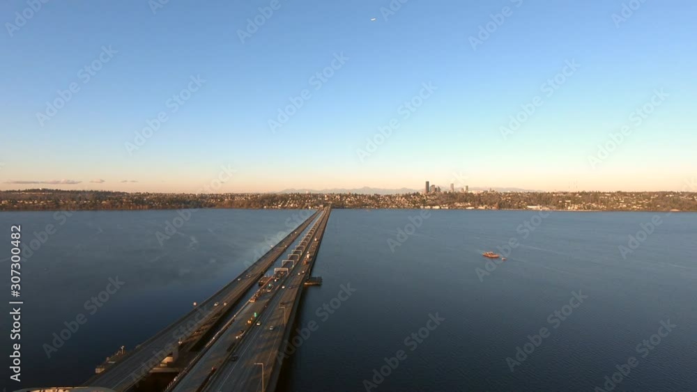 Boom down above Mercer Island Traffic and Lake Washington on I-90 ...