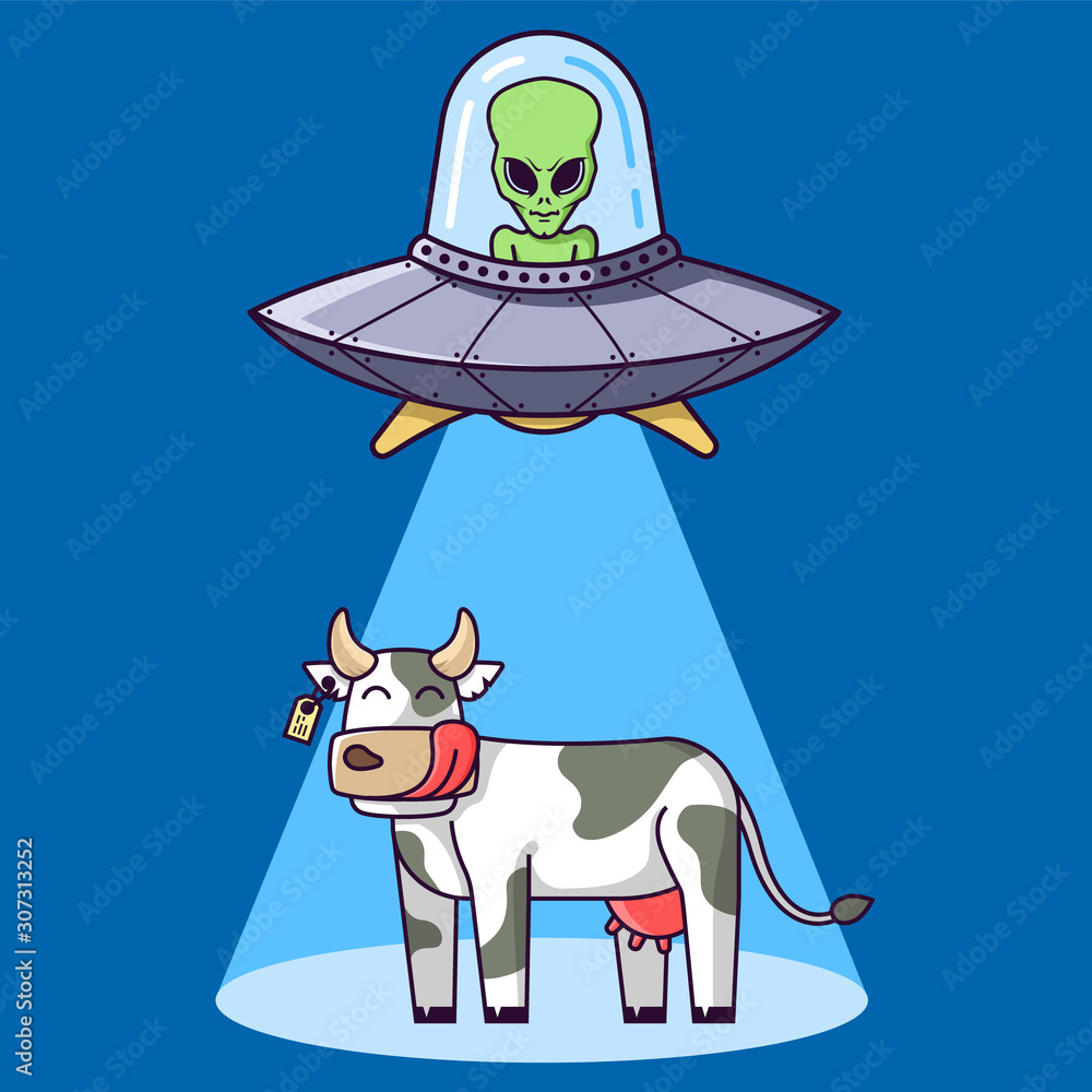 alien plate with green alien kidnap a cow on a farm. flat vector ...