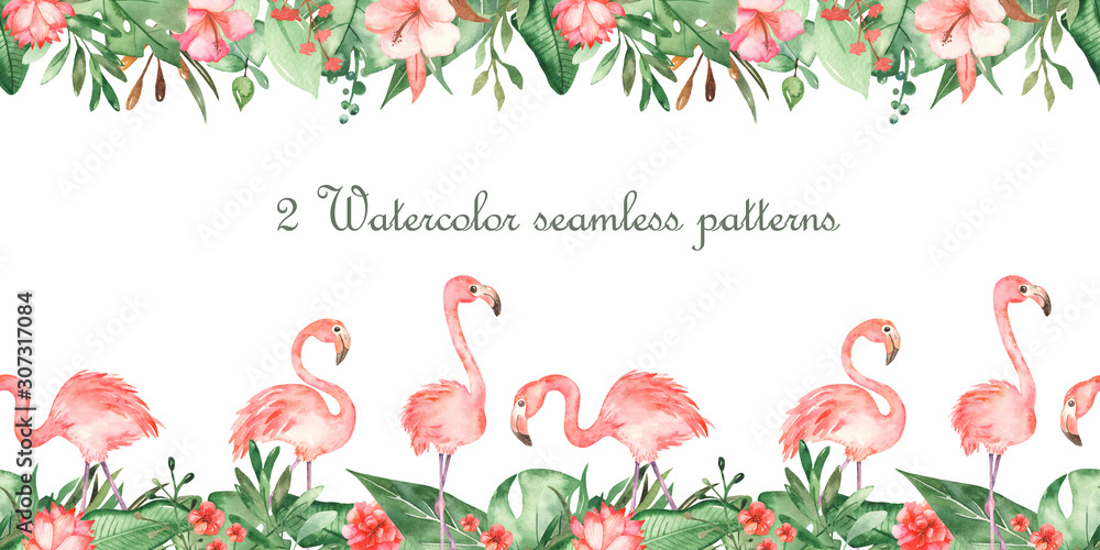 Watercolor seamless borders with flamingo and tropical plants Stock ...