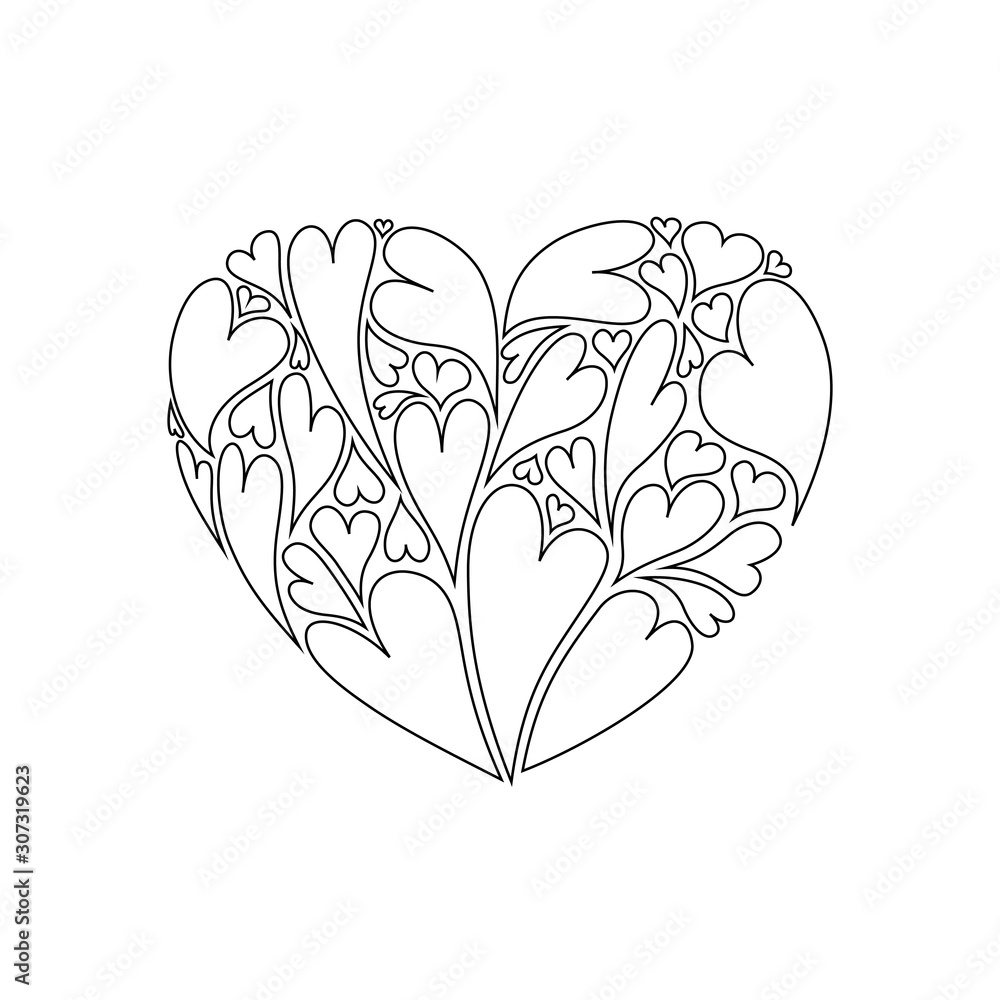 Heart illustration shape made of many smaller hearts inside, line art ...