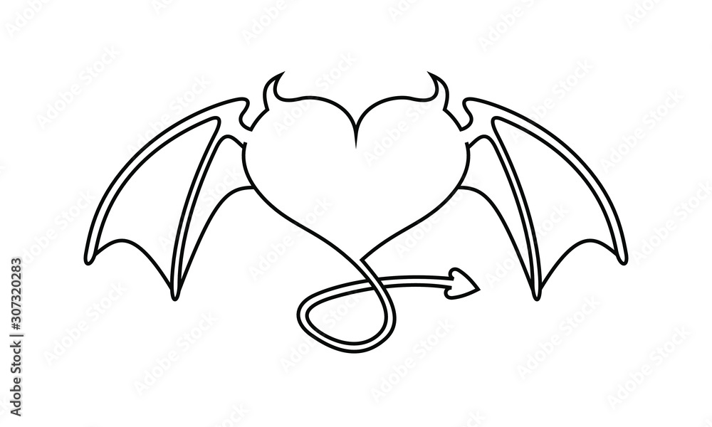 Illustration of a devil heart with demon wings, tail and two little ...