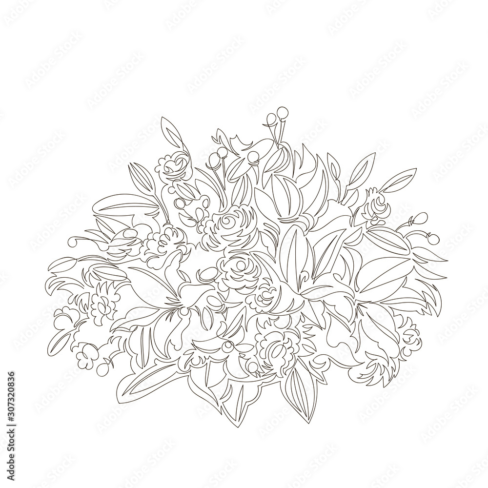 vector image of a bouquet of flowers. contour line drawing. continuous ...