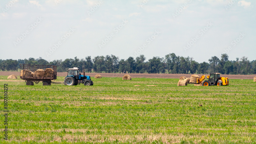 Tractor loading hay bales on truck agricultural works Stock Photo ...