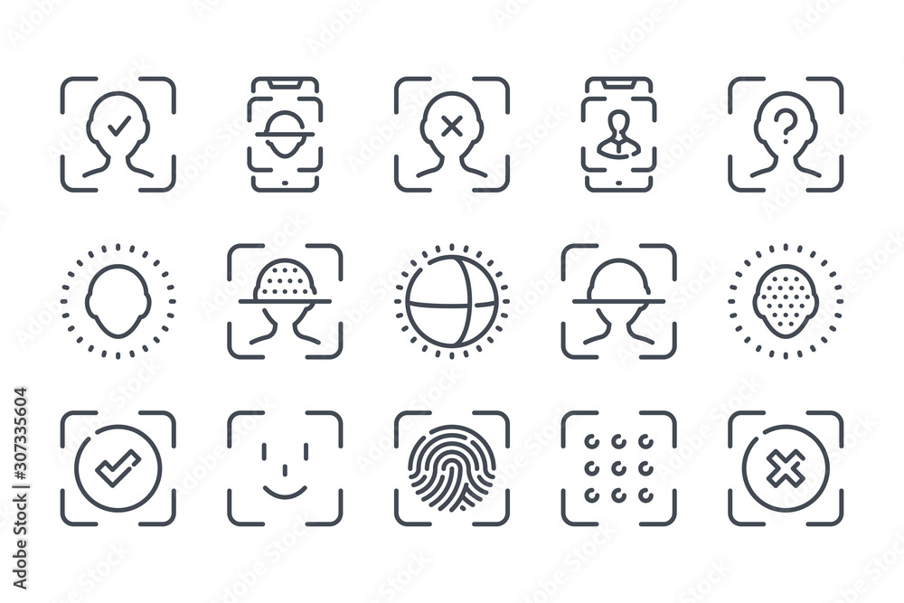 Face identification and recognition related line icon set. Technology ...