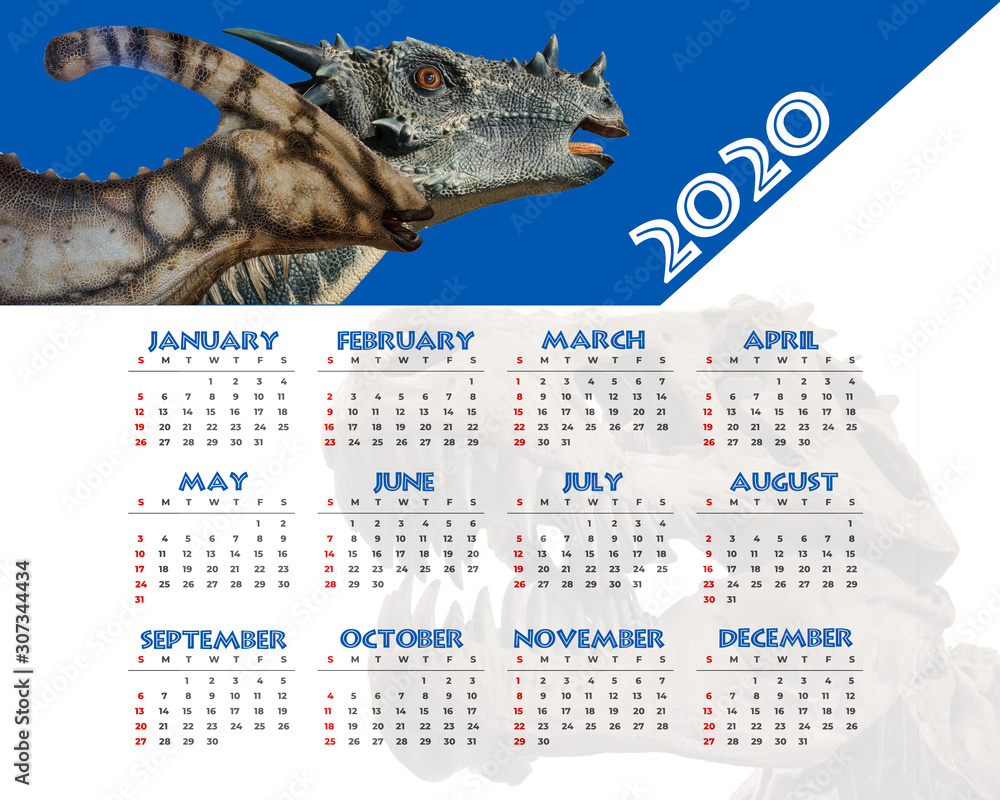 Colored 2020 calendar with herbivore dinosaurs. Parasaurolophus ans ...