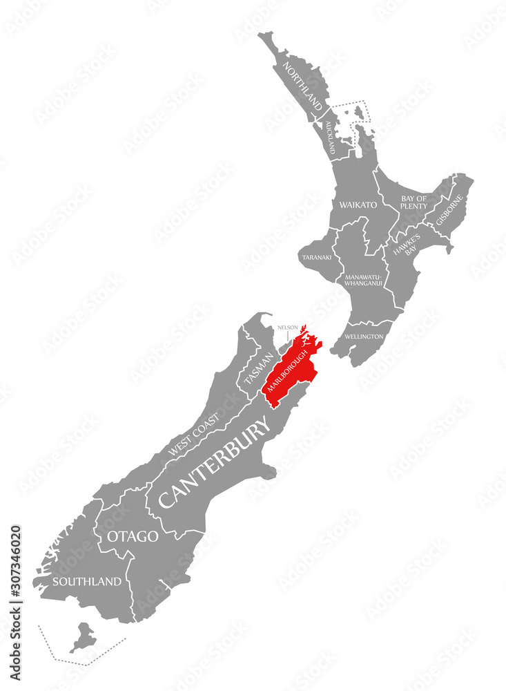 Marlborough red highlighted in map of New Zealand Stock Illustration ...