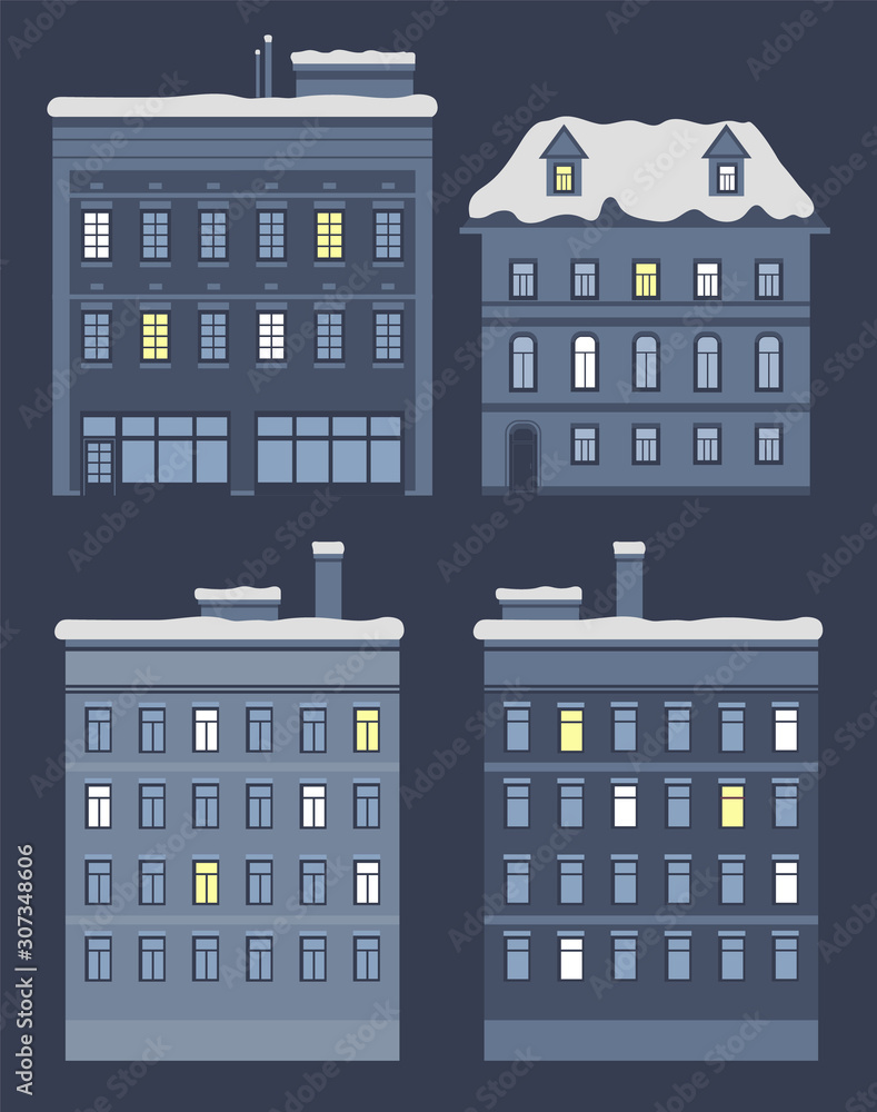 Construction at winter night. Isolated building with lights in windows ...
