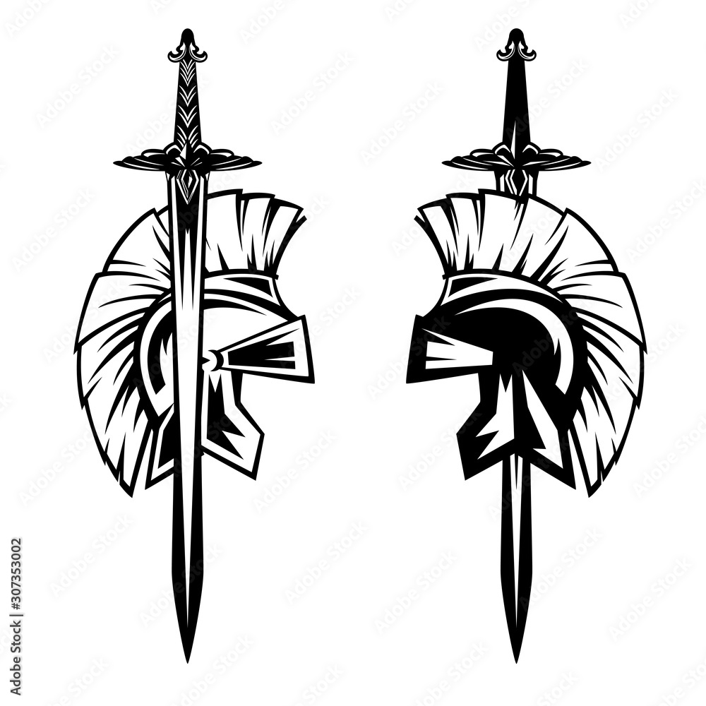 Spartan Helmet And Sword Drawing
