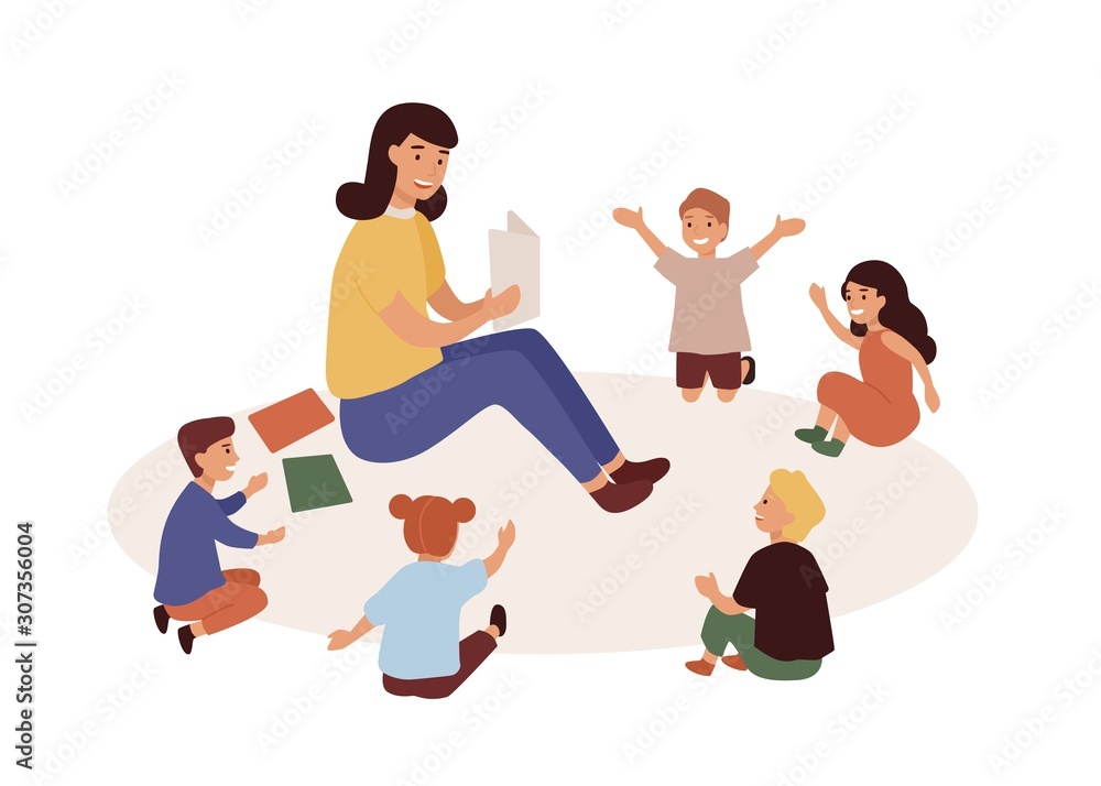 Smiling kindergarten teacher and kids flat vector illustration. Woman ...