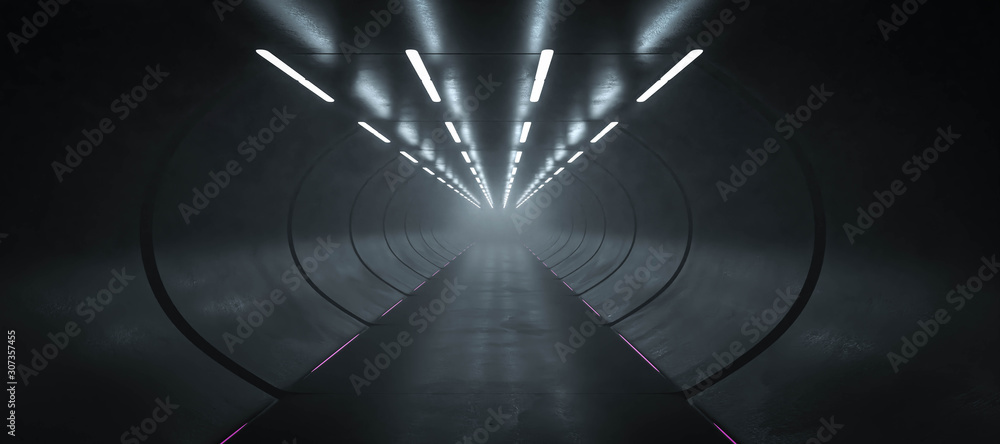 Underground concrete utility tunnel with fog and low key blue lighting ...