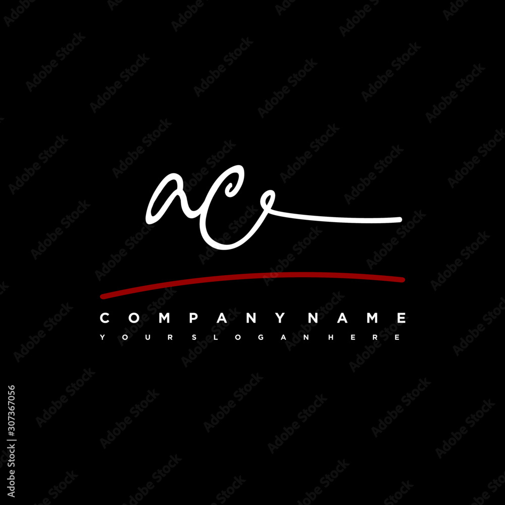 AC signature initials. Handwritten logo vector template with red ...