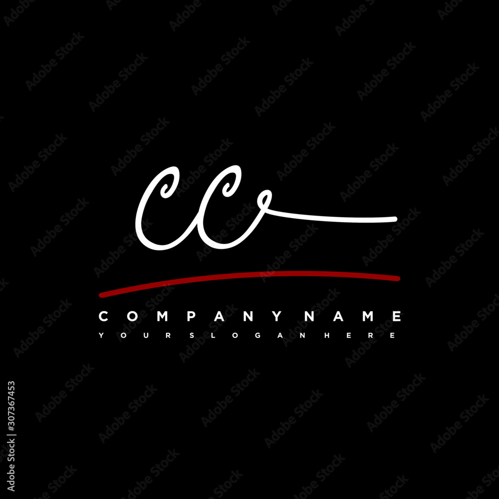 CC signature initials. Handwritten logo vector template with red ...