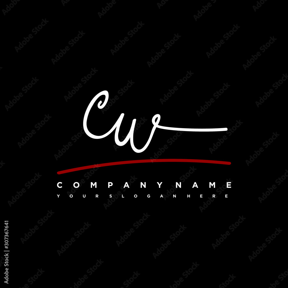 CW signature initials. Handwritten logo vector template with red ...