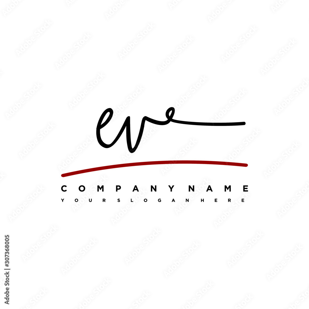 EV signature initials. Handwritten logo vector template with red ...