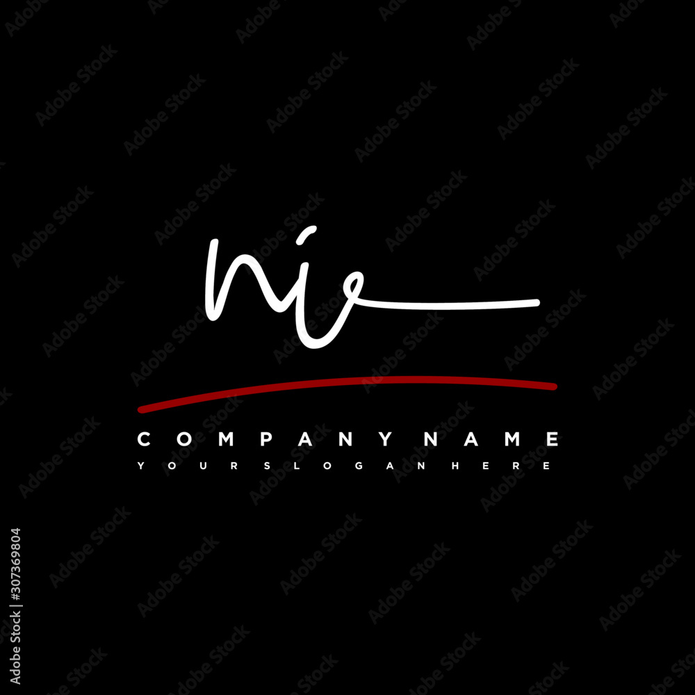 NI signature initials. Handwritten logo vector template with red ...