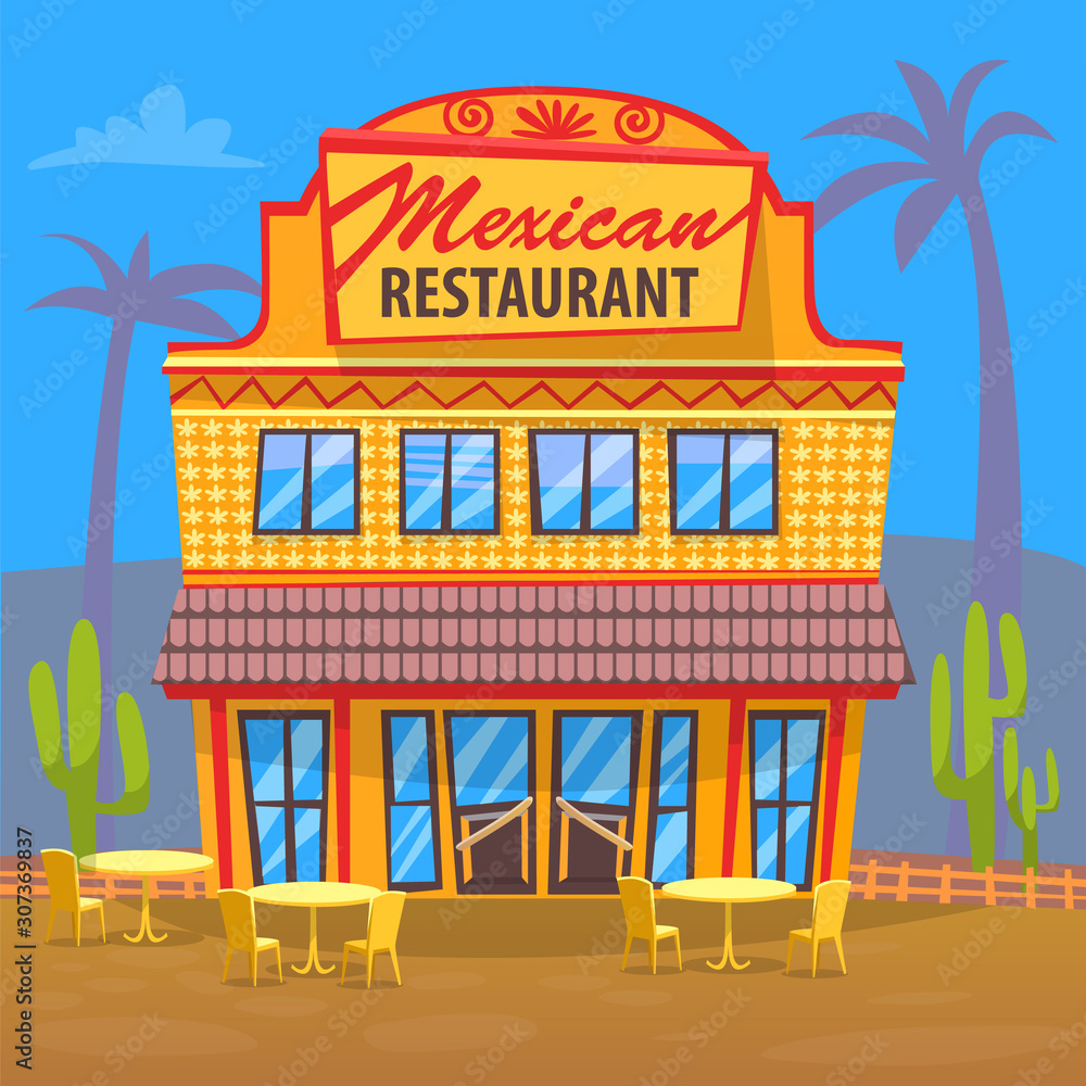 Mexican cuisine restaurant vector, exterior of eatery. House with ...