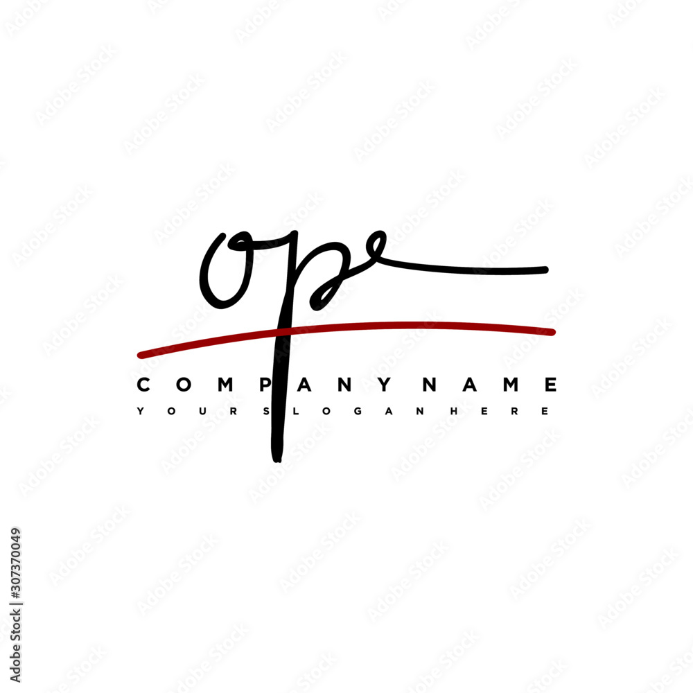 OP signature initials. Handwritten logo vector template with red ...