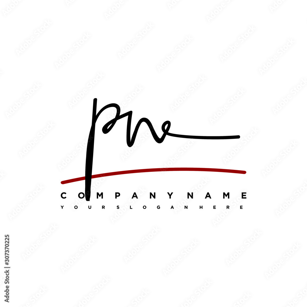 PN signature initials. Handwritten logo vector template with red ...