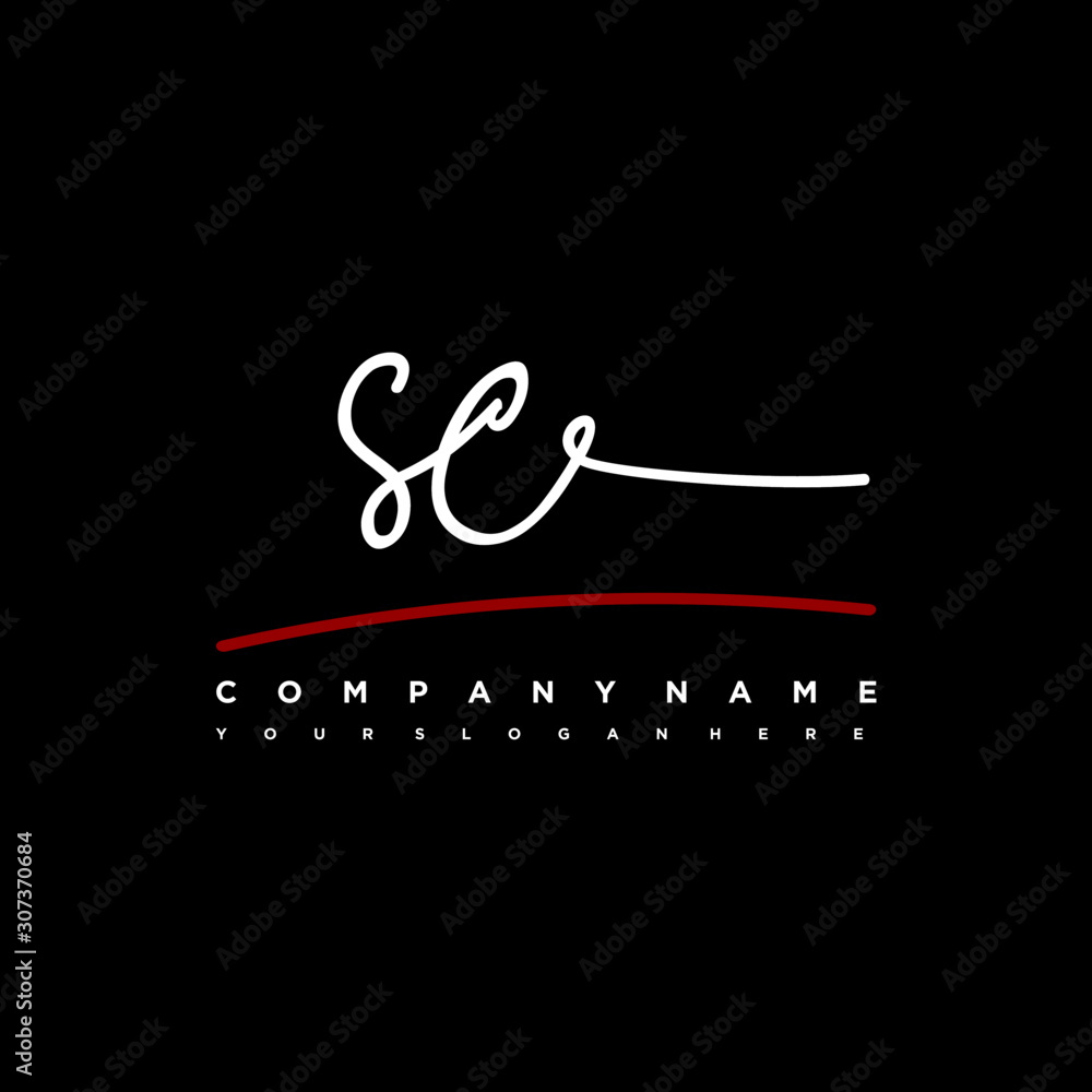 SC signature initials. Handwritten logo vector template with red ...