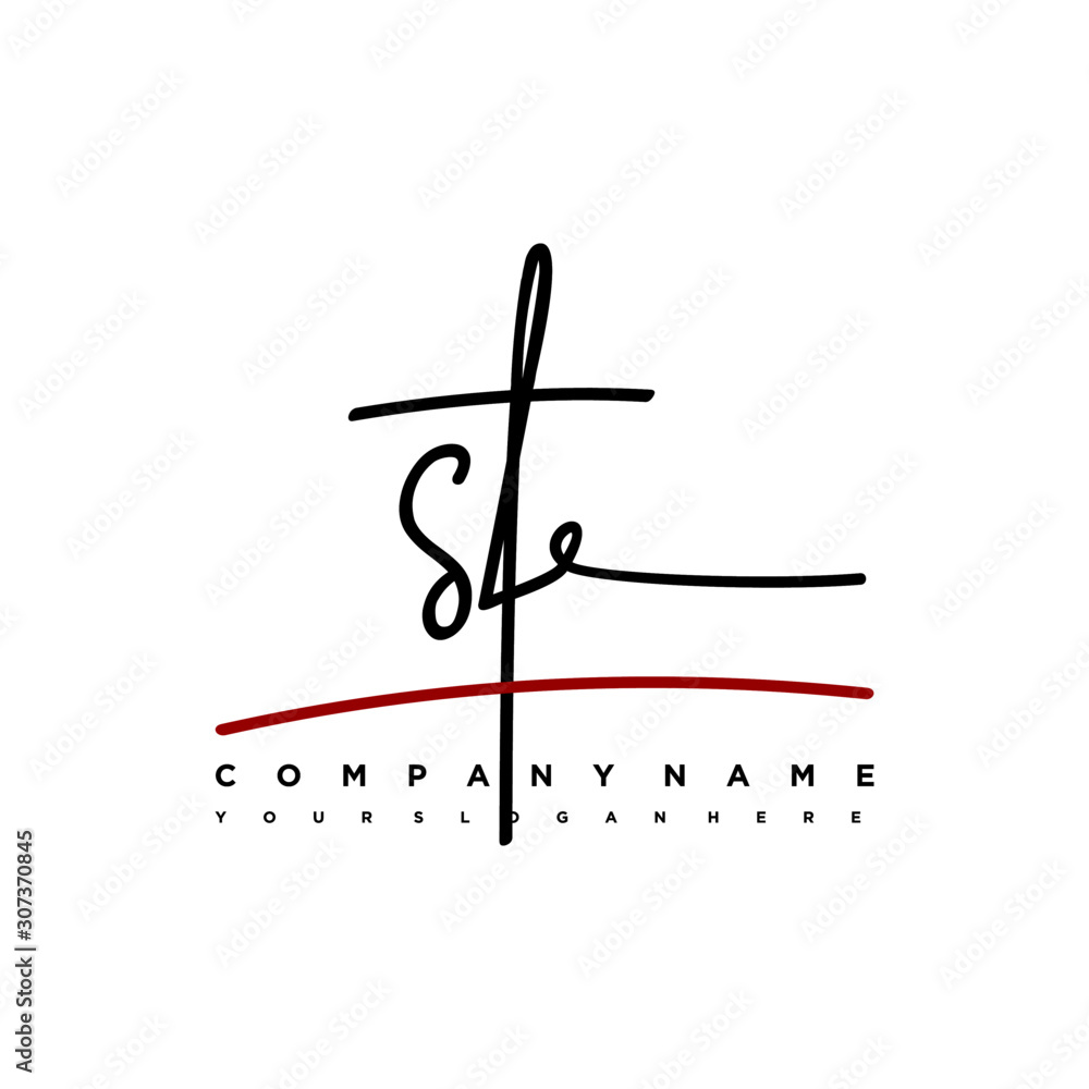 ST signature initials. Handwritten logo vector template with red ...