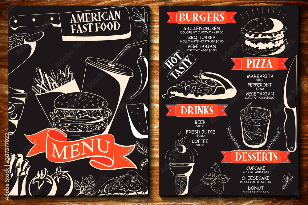Burger menu template for restaurant on a blackboard background vector ...