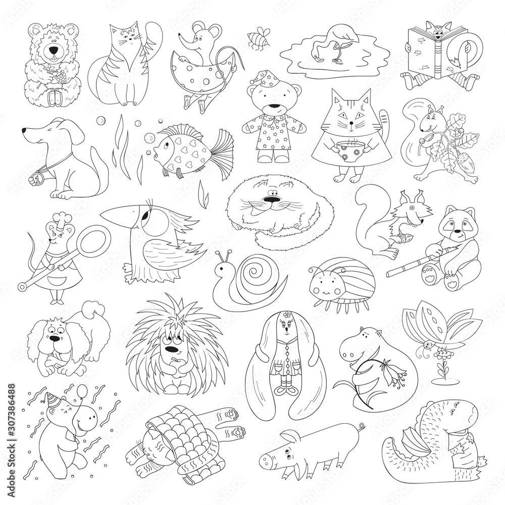 Big Vector Set of Funny Wild Animals and Pets. Coloring Page for kids ...