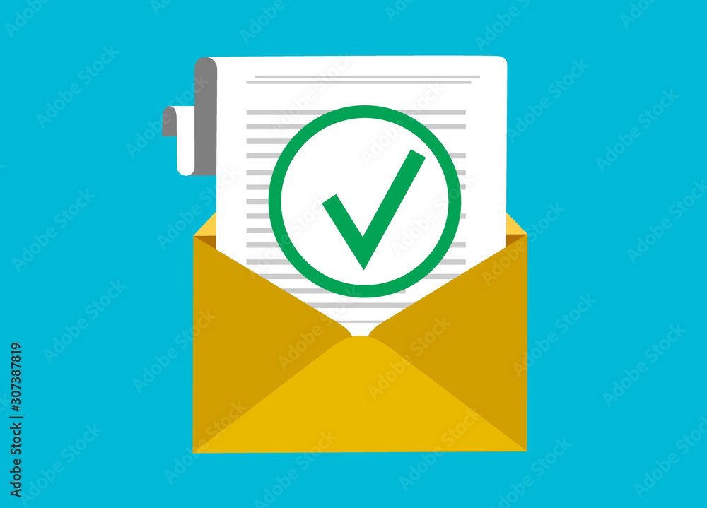 Opened envelope and document with green check mark. Official ...