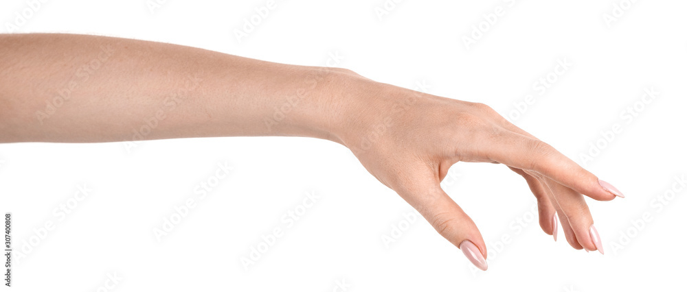 Female caucasian hands isolated white background showing gesture holds ...