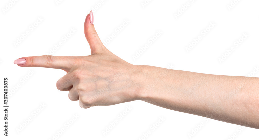 Female caucasian hands isolated white background showing gesture points ...