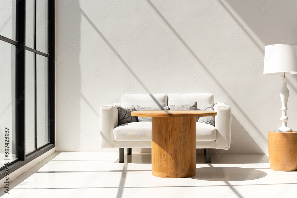 Bright light room with sofa in living room interior with coffee table ...