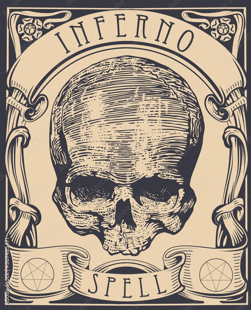 vector image of a skull in a vintage niche with an inferno inscription ...