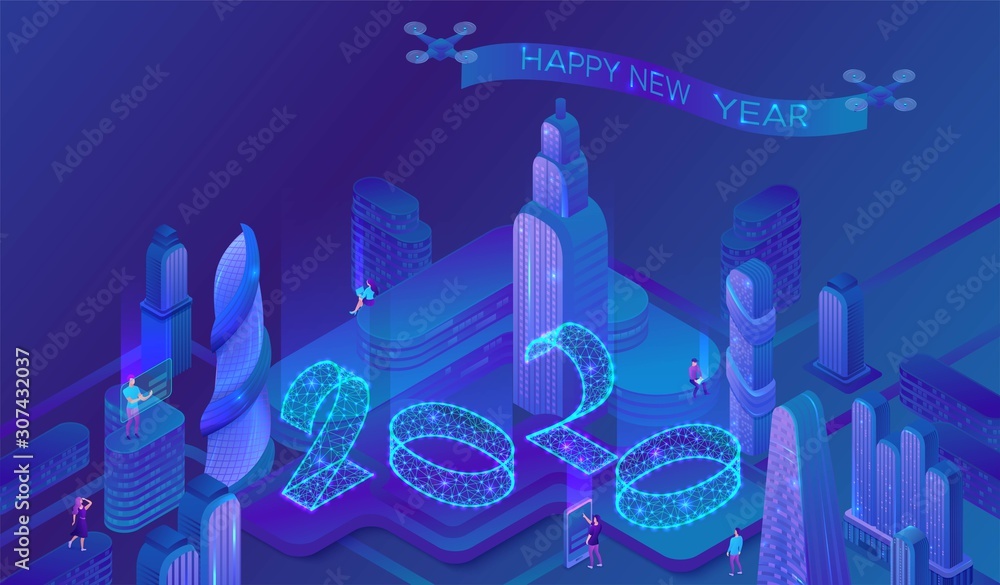 2020 vision isometric smart city, futuristic 3d concept, blue glowing ...