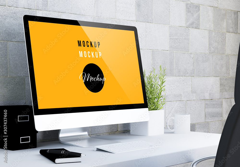 Computer Screen Mock Up on a Minimal Desk Stock Template | Adobe Stock
