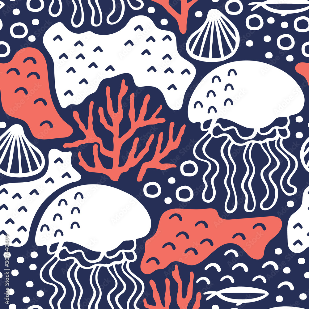 Underwater pattern design. Seamless pattern with medusas. Great for fabric, textile, wrapping ...
