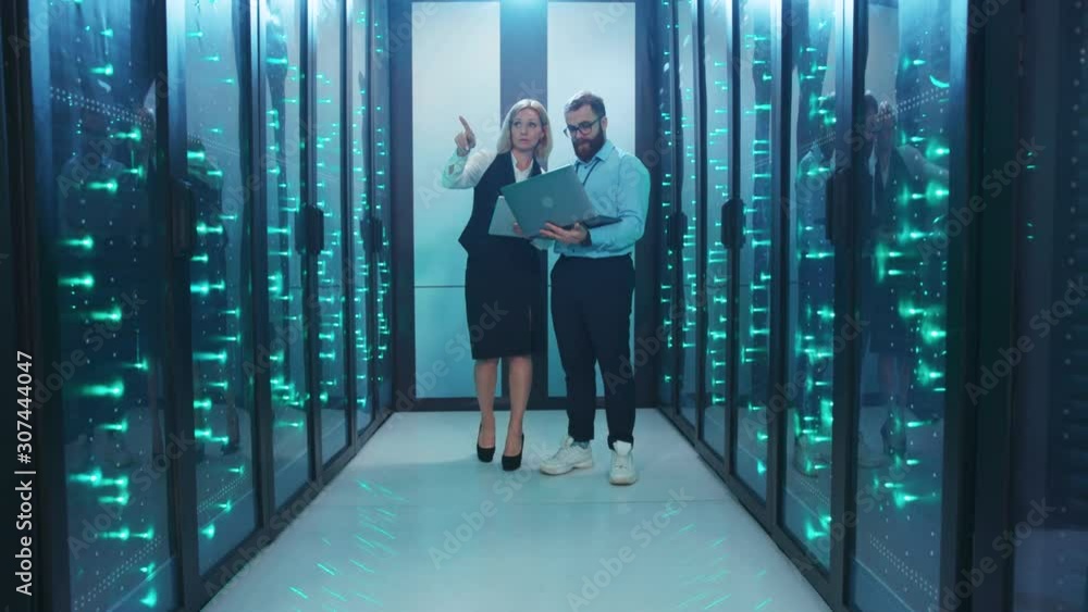 Male and female IT engineers coworking in database running maintenance ...